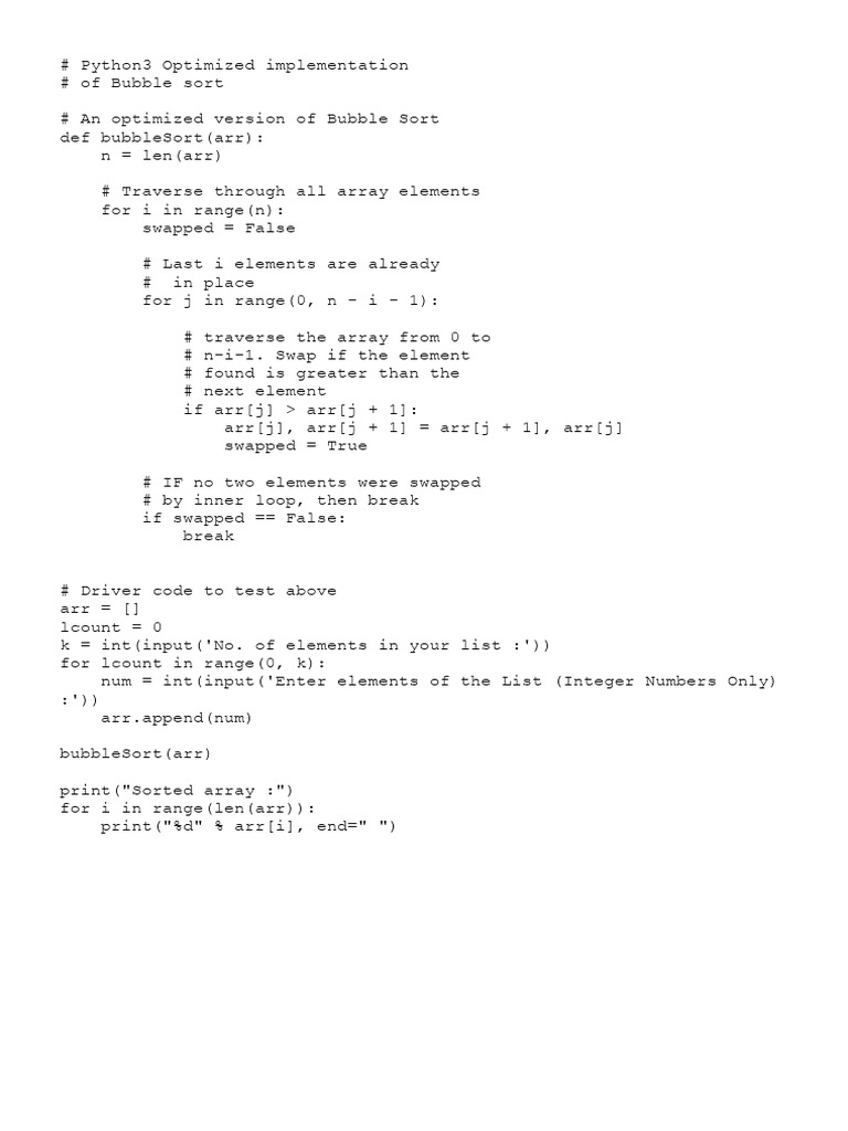 Optimized Bubble Sorting With User Input | PDF