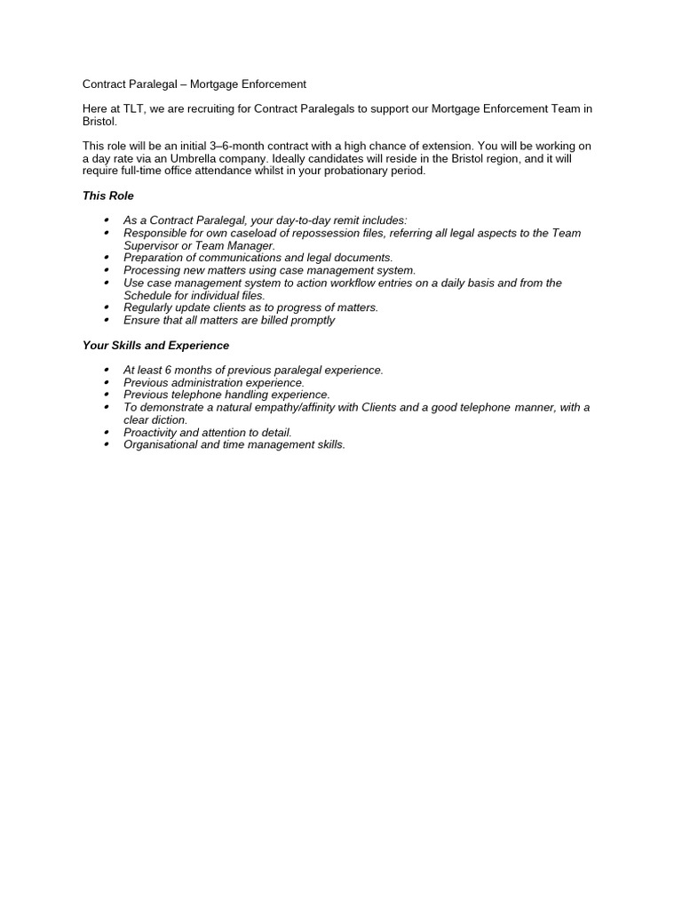 Contract Paralegal - Mortgage Enforcement | PDF