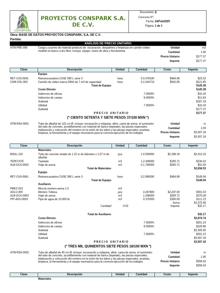 251 Al 303 Matrices de Precios Unitarios 24-02-2025 | PDF | Hormigón ...