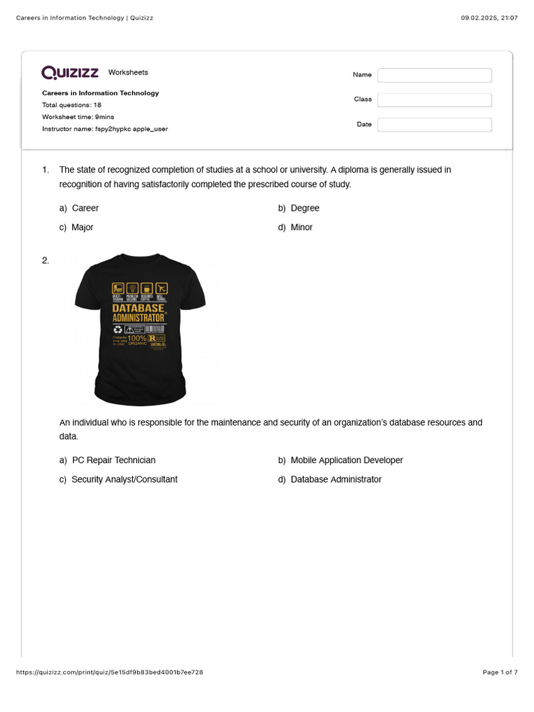 Careers in Information Technology - Quizizz | PDF | Information ...