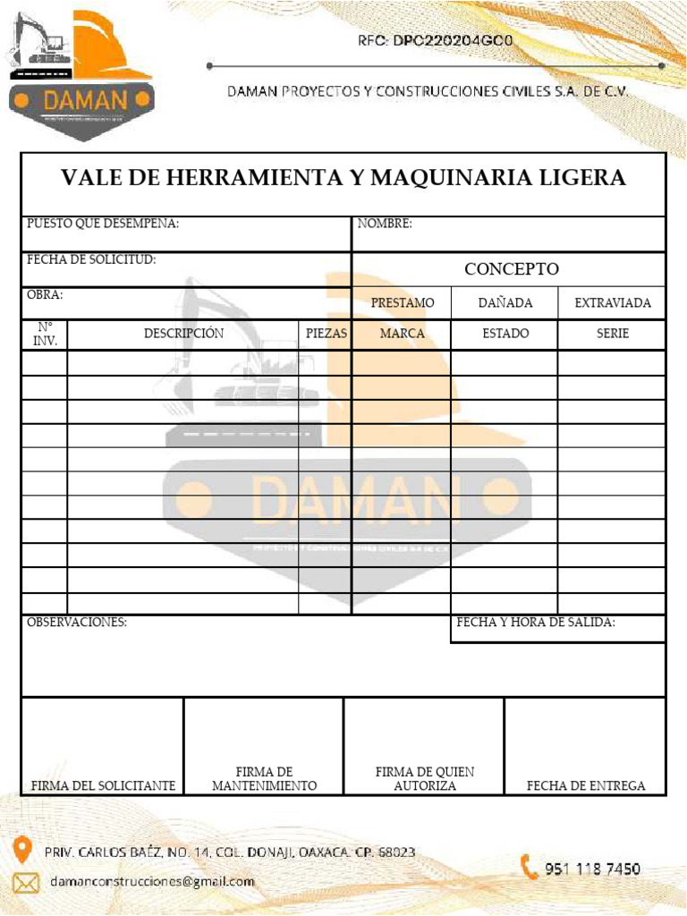 Vale de Herramienta y Maquinaria Ligera Definitivo | PDF