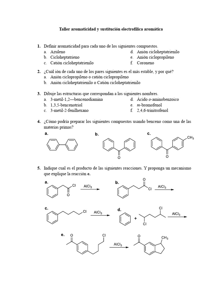 Taller Aromaticidad y Sustitución Electrofílica Aromática | PDF | Ácido | Aromaterapia