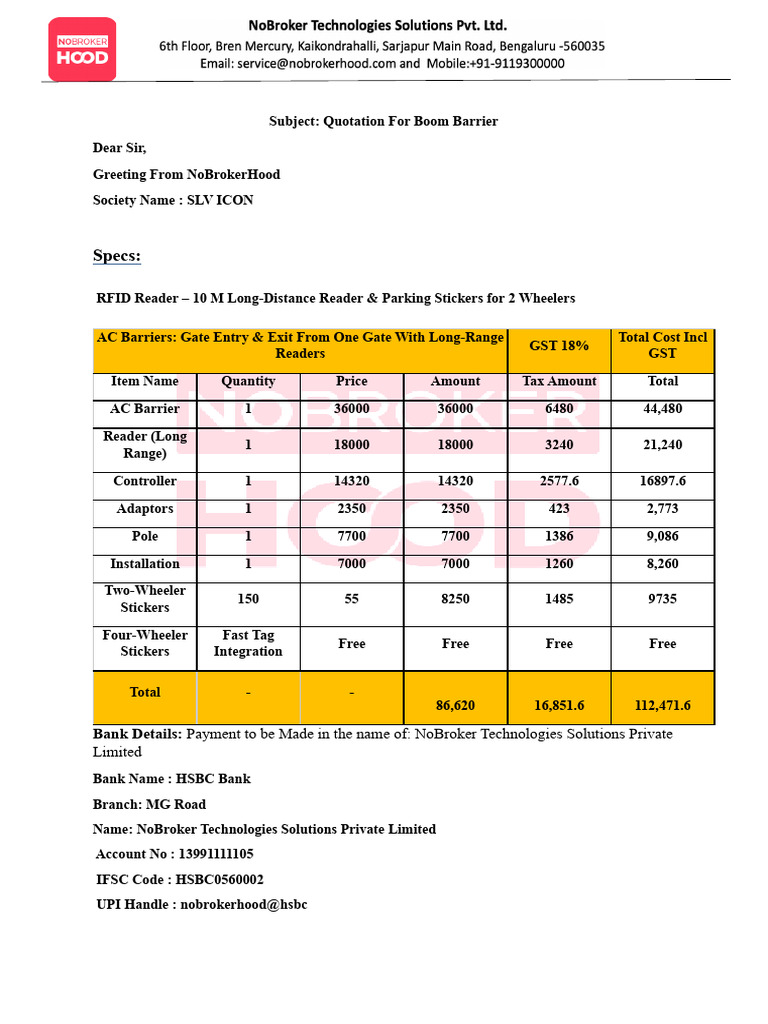 Boom Barrier Quotation (1) No Broker | PDF
