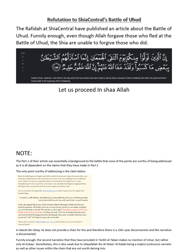 Refutation To ShiaCentral - Battle of Uhud | PDF | Hadith | Umar