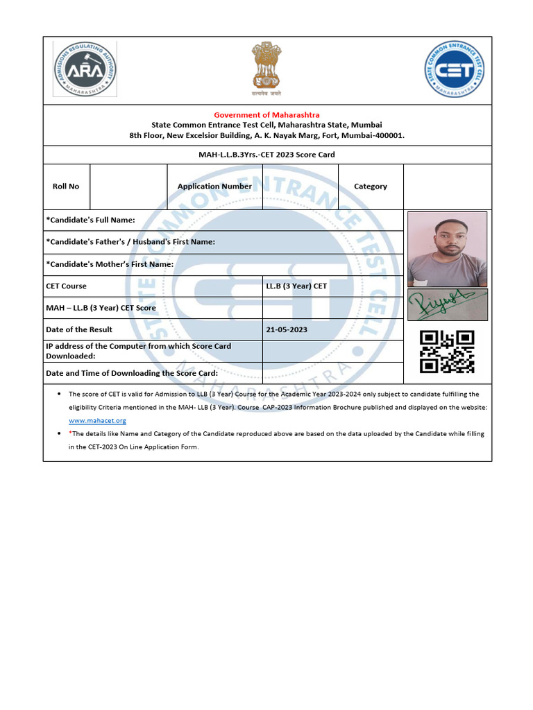 MAH LLB CET 2023 Score Card | PDF