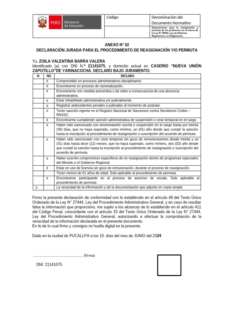Anexo N 02 Declaracion Jurada para Reasignacion | PDF | Gobierno | Justicia