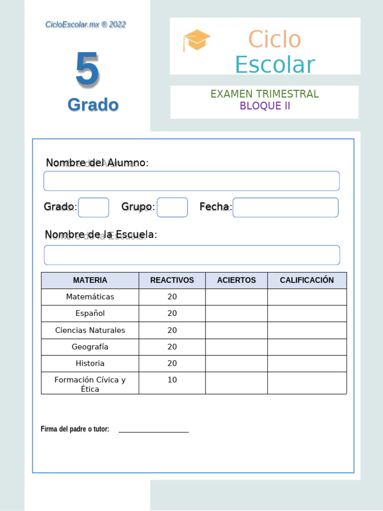 Examen Segundo Trimestre Quinto Grado | PDF | Agua | revolución mejicana
