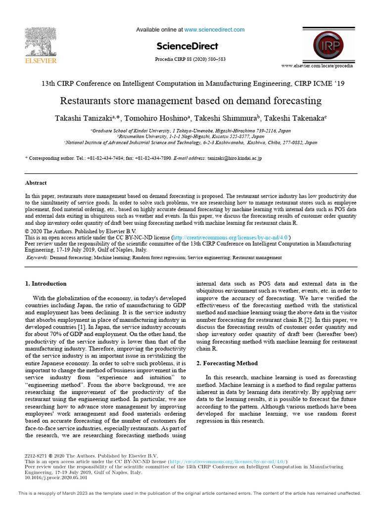Restaurant Demand Forecasting Model | PDF | Forecasting | Machine Learning