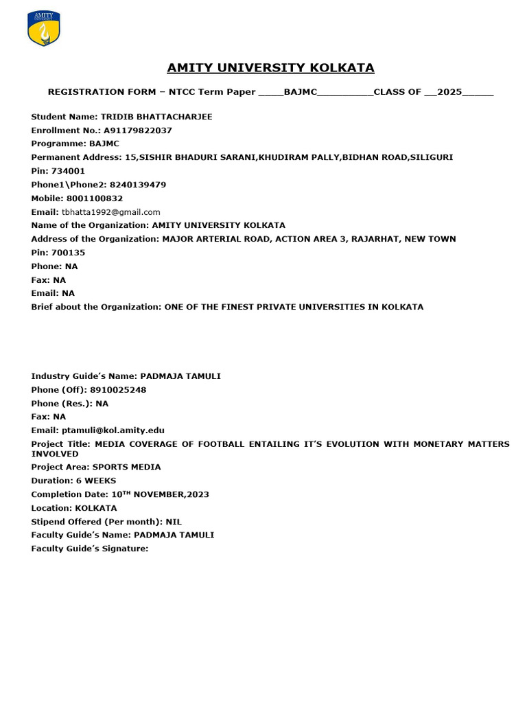 Annexure 1 - Summer Internship Project Registration Form TRIDIB BHATTACHARJEE | PDF
