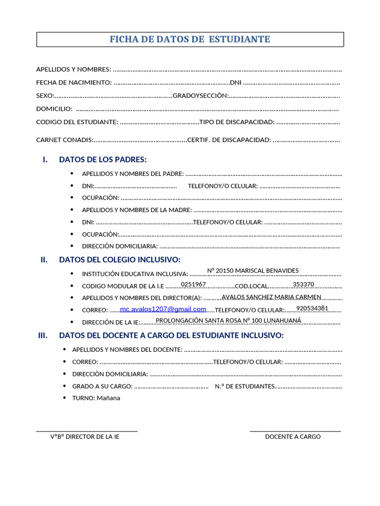 Ficha de Datos del Alumno Primaria | PDF