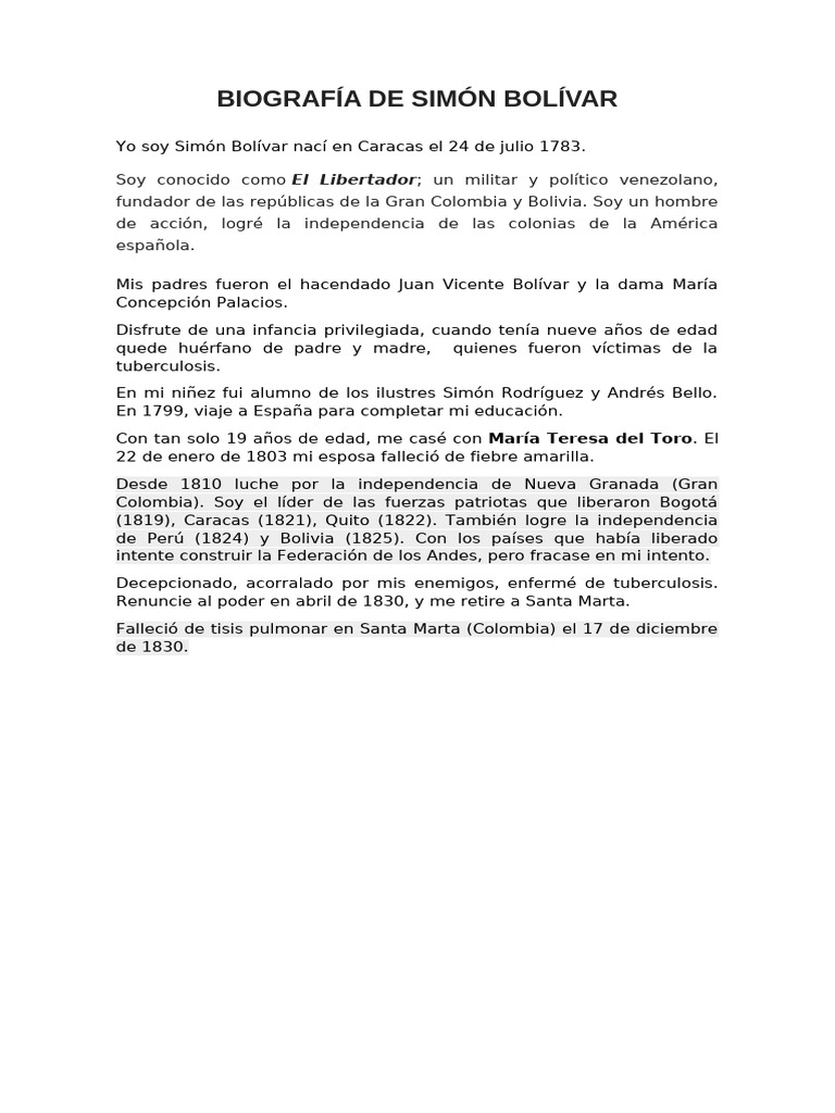 Biografía de Simón Bolívar: El Libertador | PDF