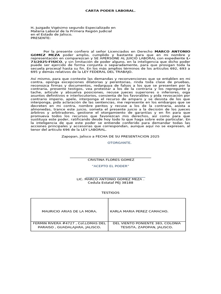 Carta Poder Laboral Cristina_091612 | PDF | Ley Pública | Justicia