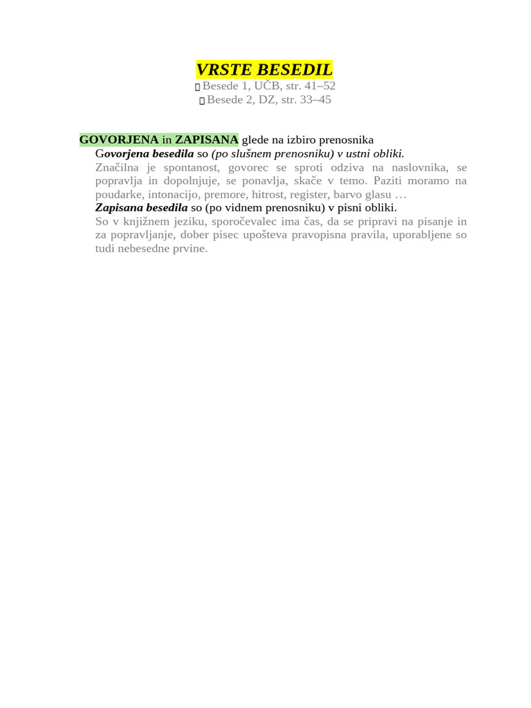 Vrste Besedil Zapisana Govorjena | PDF