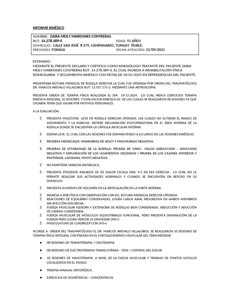 Informe de Rehabilitación Kinesica Rodilla | PDF | Rodilla ...