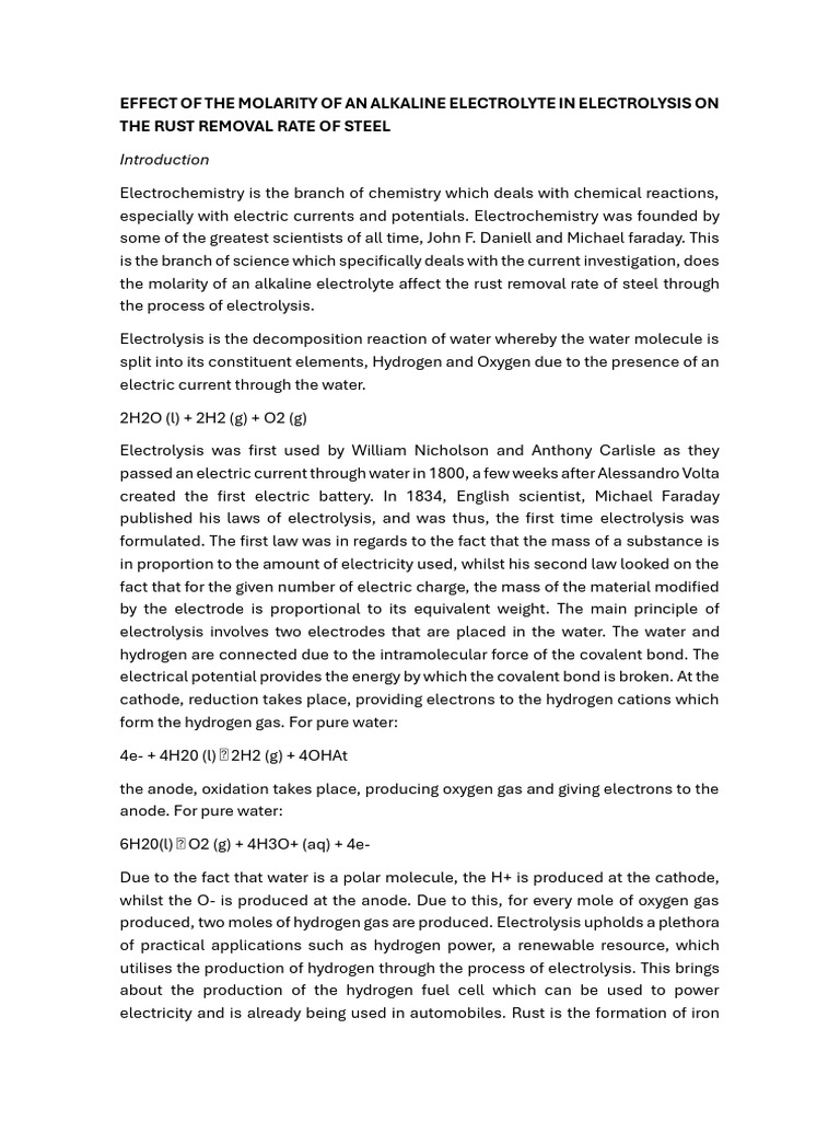 Effect of The Molarity of An Alkaline Electrolyte in Electrolysis On ...
