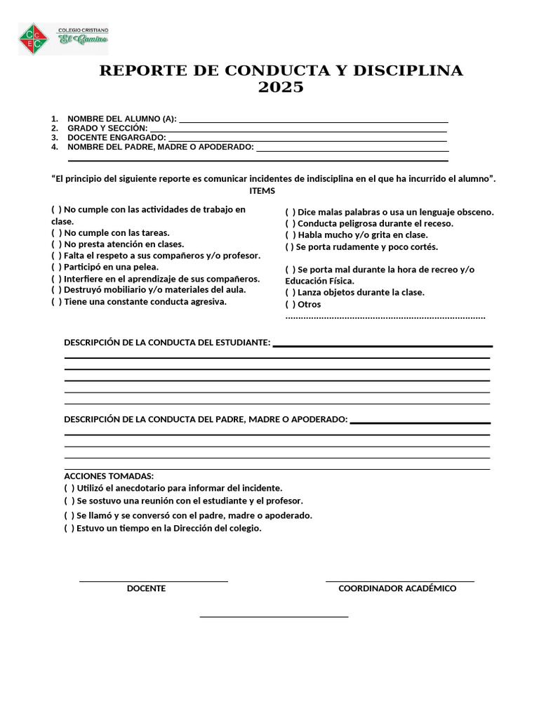 Reporte de Conducta Escolar 2025 | PDF
