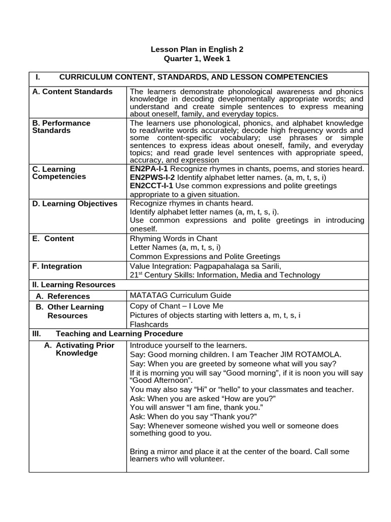 Lesson Plan in English 2 | PDF | Phonics | Learning