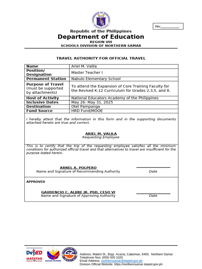 Official Travel Authority for Training | PDF