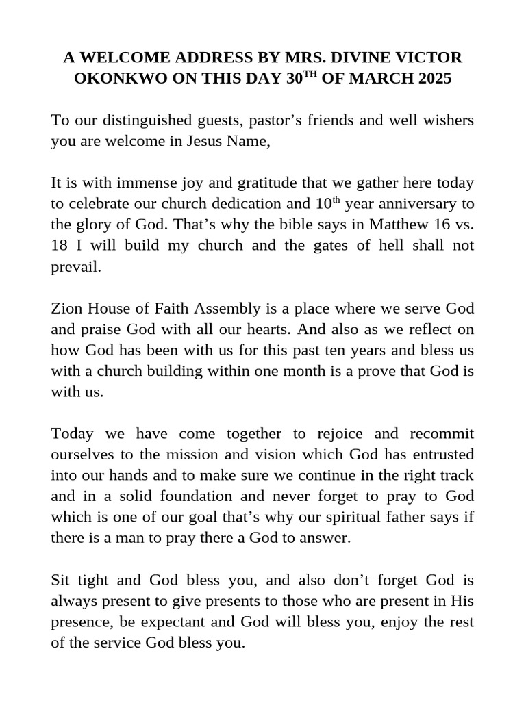 A Welcome Address by Mrs Divine Victor Okonkwo - 095024 | PDF