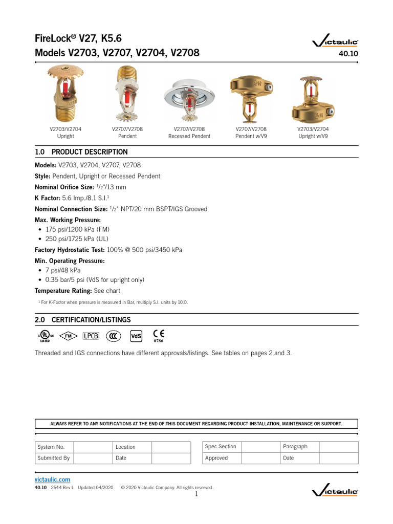 Victaulic V2703, V2707, V2704, V2708 Submittal | PDF | Fire Sprinkler ...