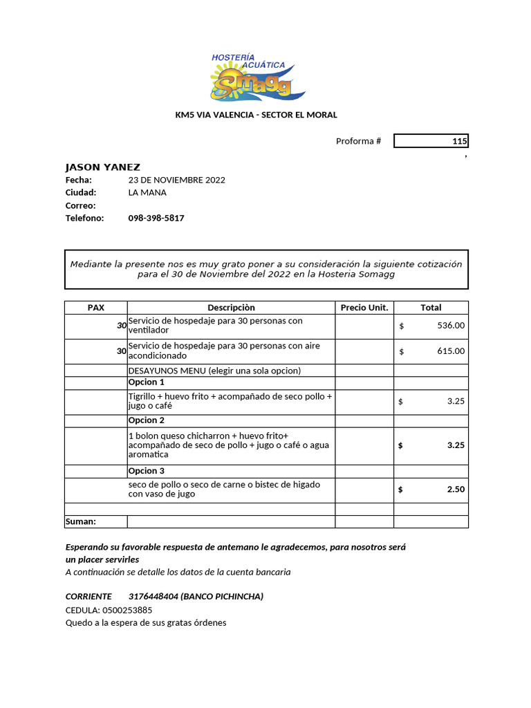 Cotización Hospedaje y Desayunos KM5 | PDF | Cocina occidental ...