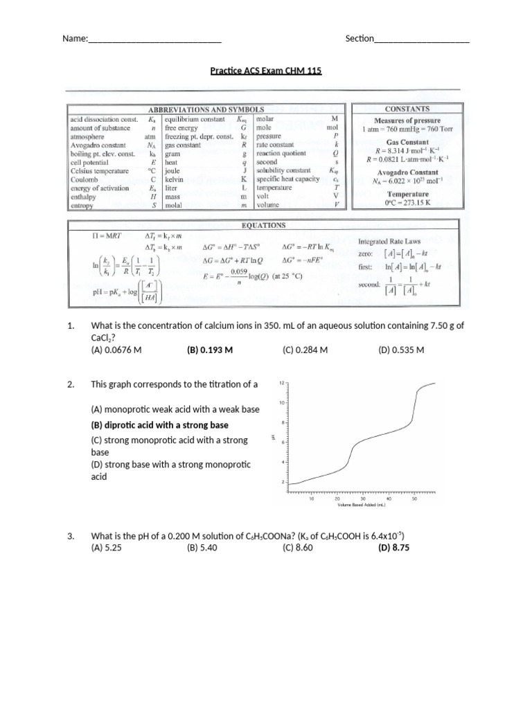 CHM 115 Practice ACS Exam Questions | PDF | Acid | Chemical Equilibrium