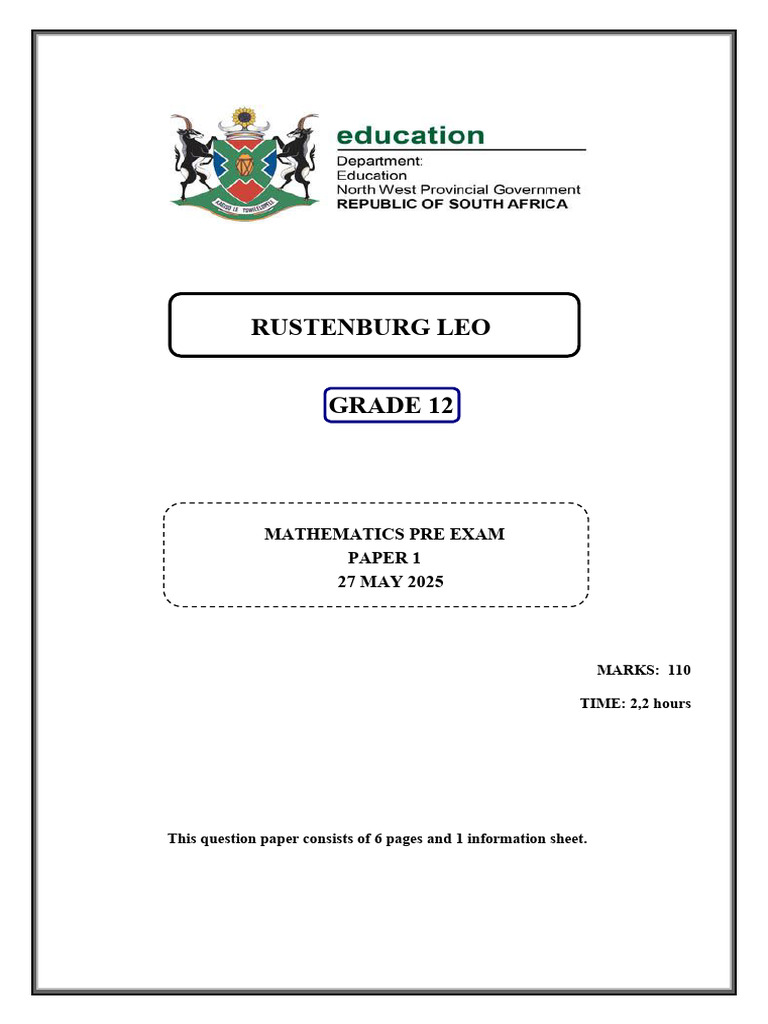 Grade 12 Maths Pre Exam Paper 1 2025 | PDF | Mathematics | Mathematical ...
