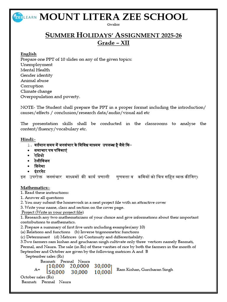 XII Holiday Assignment 2025-26 | PDF | Flowers | Microsoft Power Point