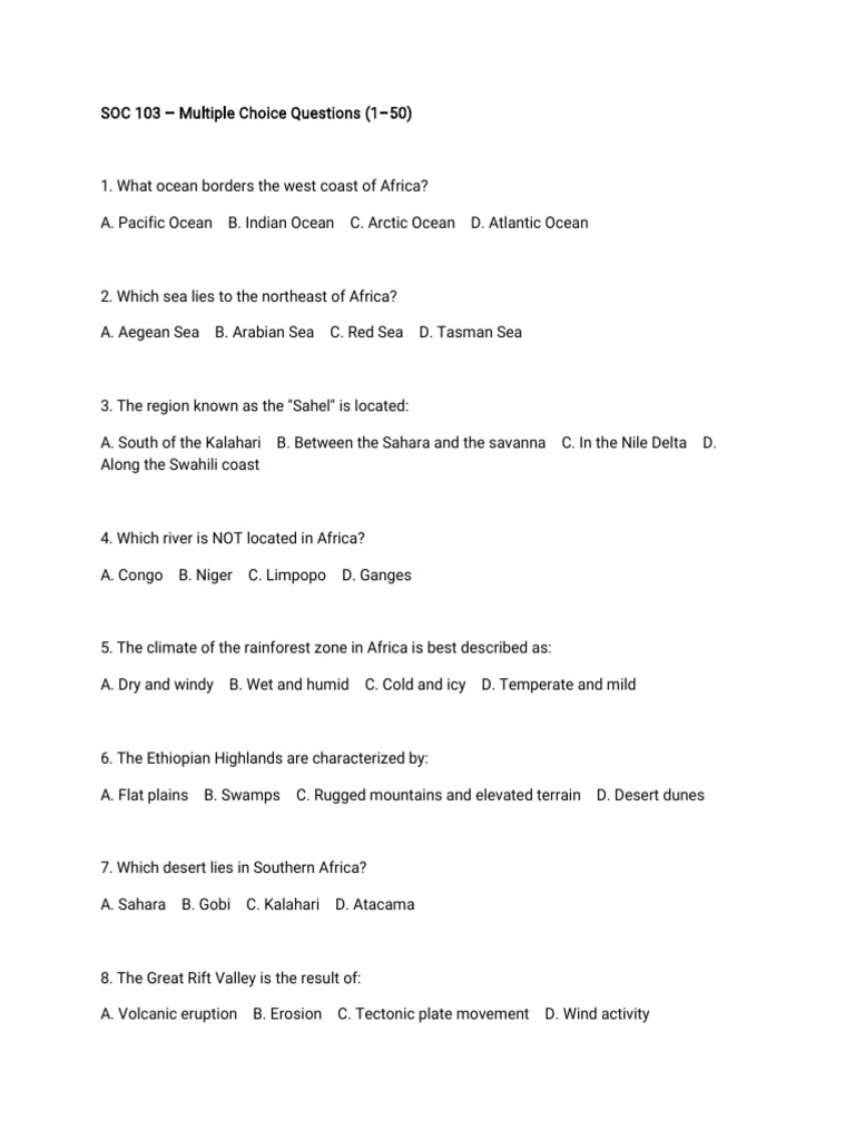 Soc 103 Practice Questions | PDF | Africa | Sahara