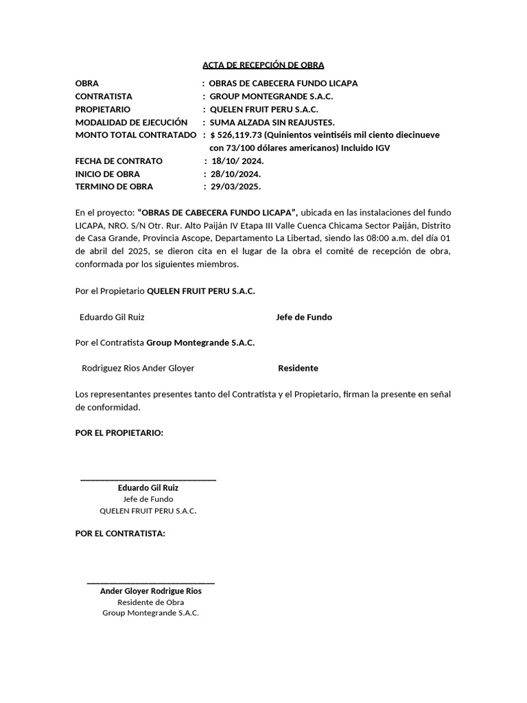 Actas de Recepcion de Obra Group Montegrande | PDF