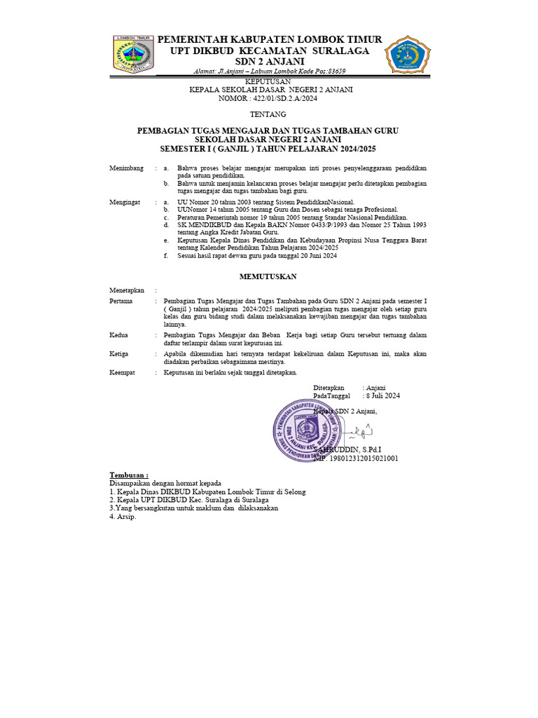SK Pembegian Tugas SMT 1 Tp. 2024-2025 | PDF