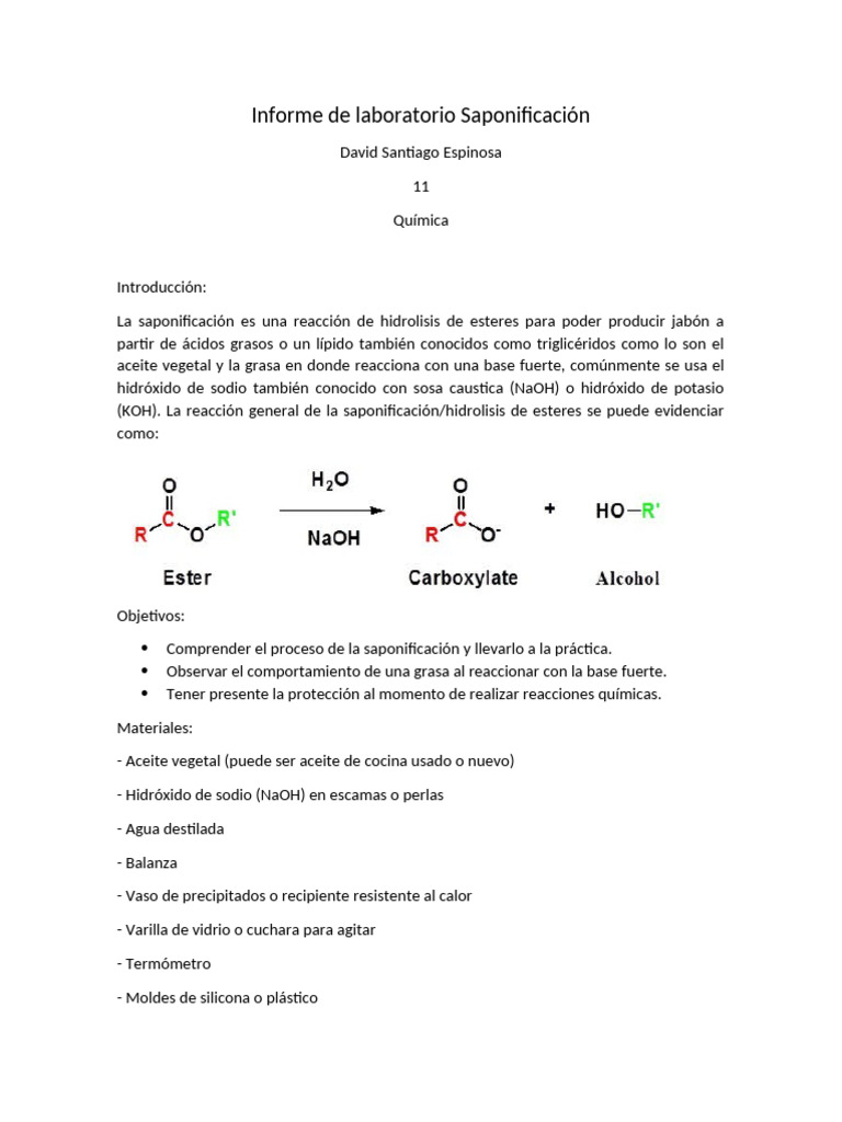 Informe de Laboratorio Saponificación | PDF | Hidróxido de sodio | Compuestos de hidrógeno