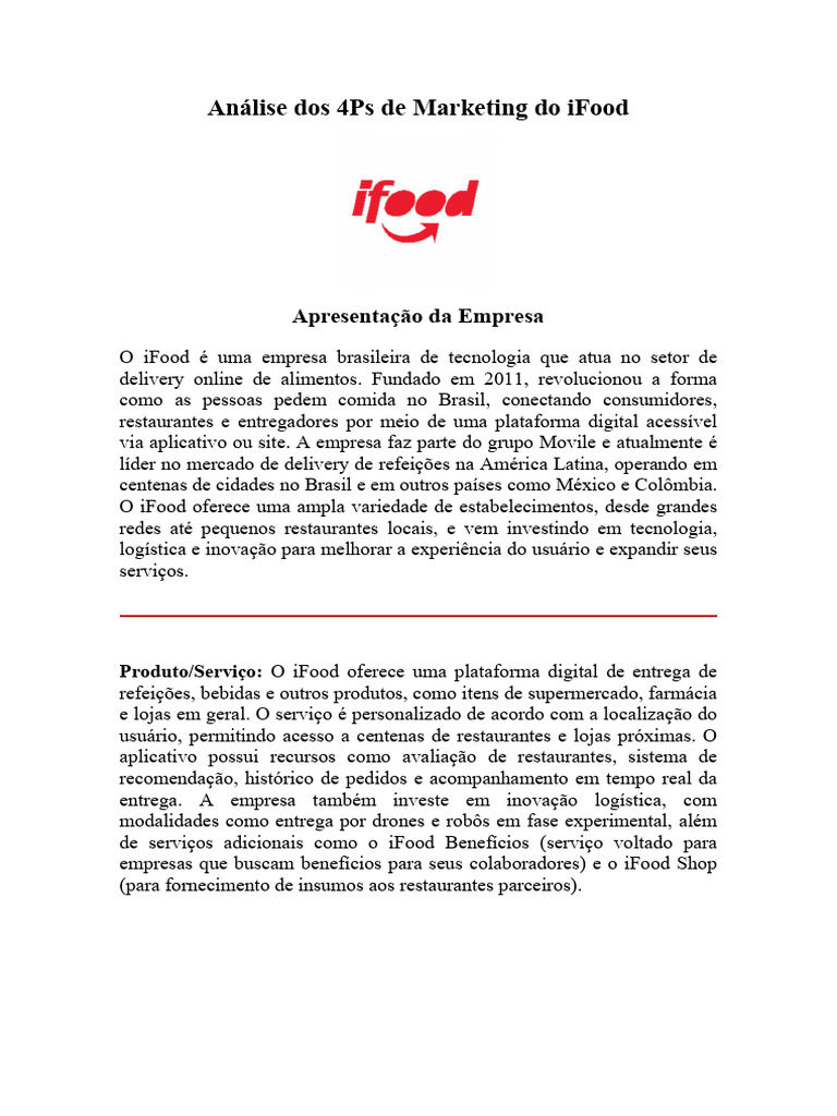 ESTRATÉGIAS DE MARKETING DO IFOOD - OS 4Ps DO MARKETING | PDF | Marketing | Aplicativo para celular