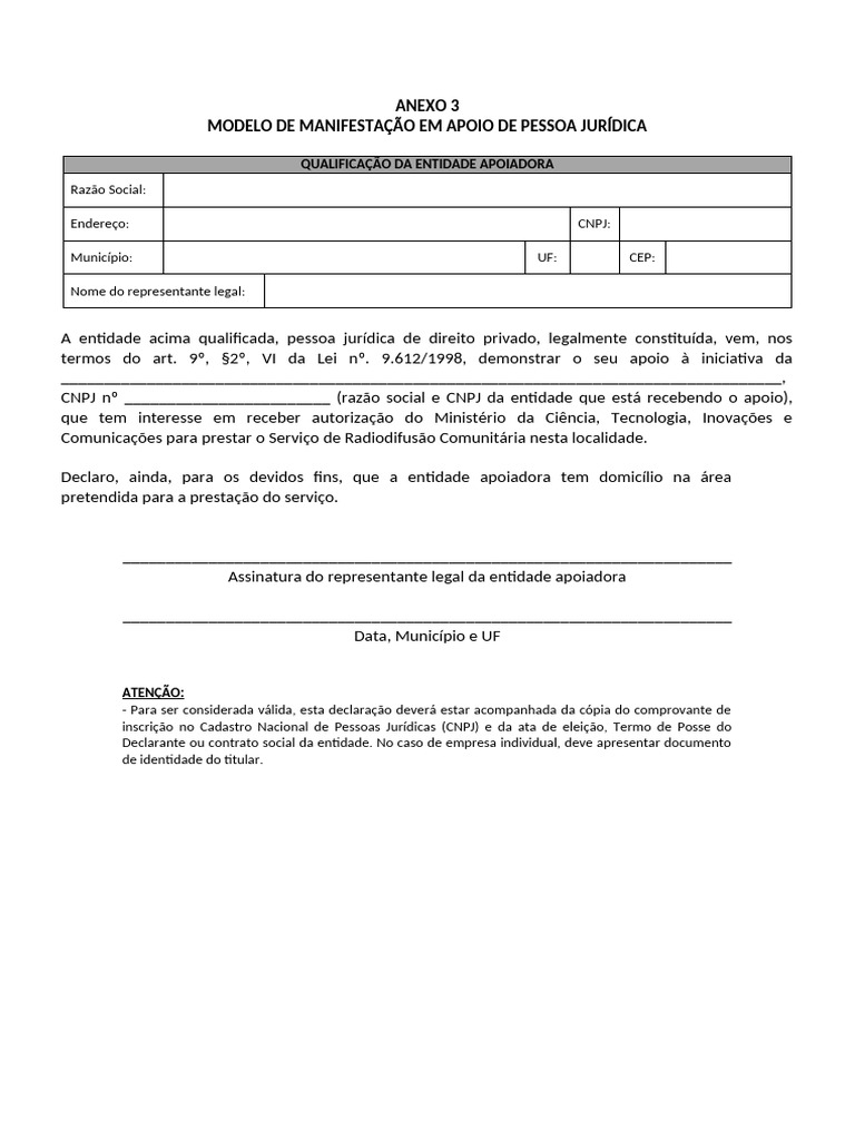 Anexo III Modelo de Manifestacao em Apoio de Pessoa Juridica | PDF