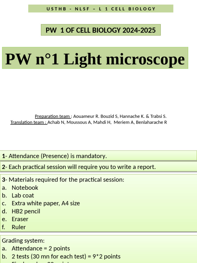 PW N°1 Light Microscope 2024-2025 | PDF | Microscope | Histologie