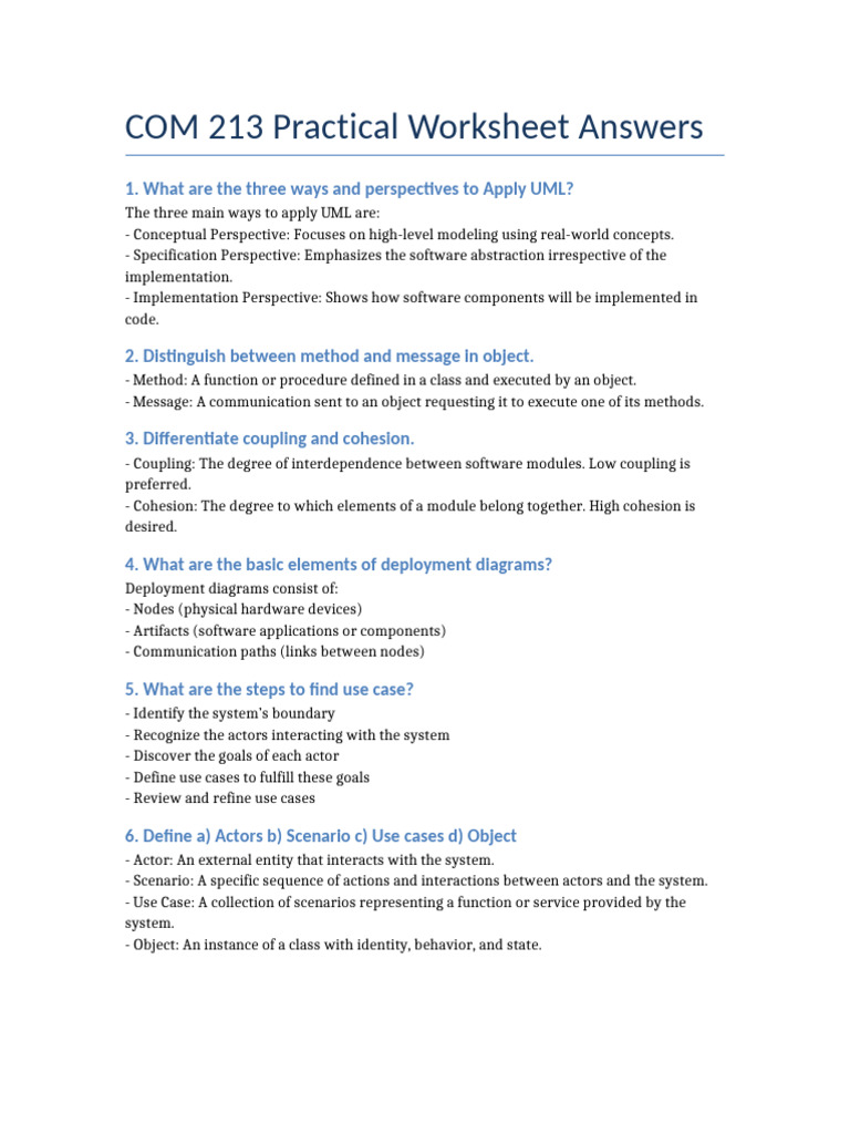 COM213 Practical Worksheet Answers | PDF | Use Case | Class (Computer Programming)