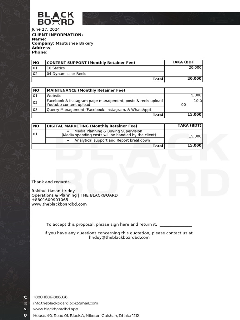 Mautushee Bakery Monthly Retainer Fee Breakdown | PDF