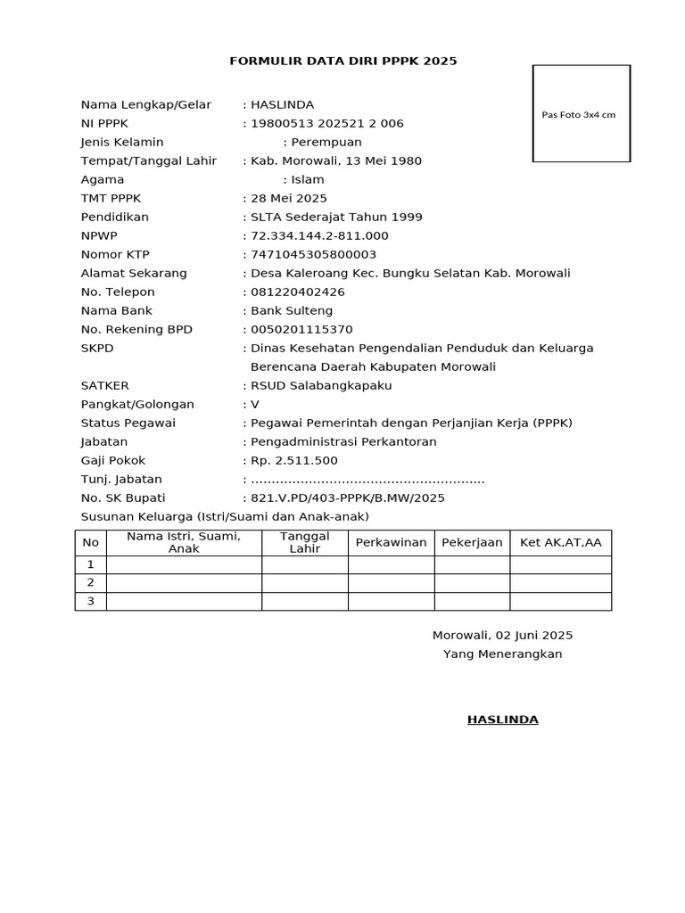 Formulir Data Diri CPNS PPPK-1 Haslinda | PDF