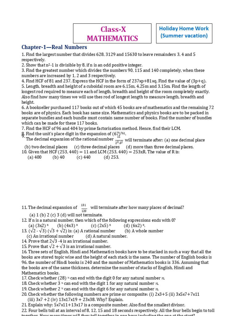 Summer Vacation HHW Class-10 - 2025 - 2026 | PDF | Polynomial | Zero Of A Function