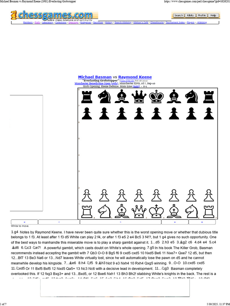 Michael Basman Vs Raymond Keene (1981) Everlasting Grobstopper | PDF ...