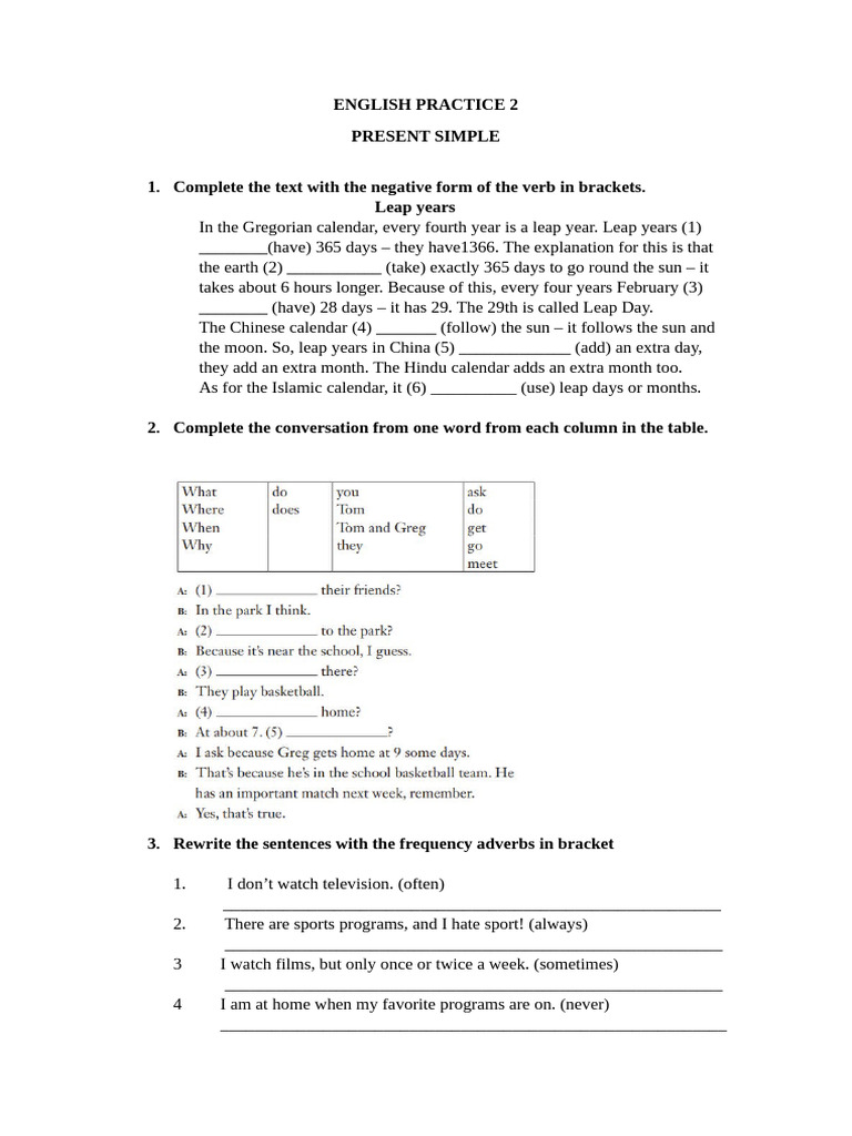 Present Simple English Practice Exercises | PDF | Calendar