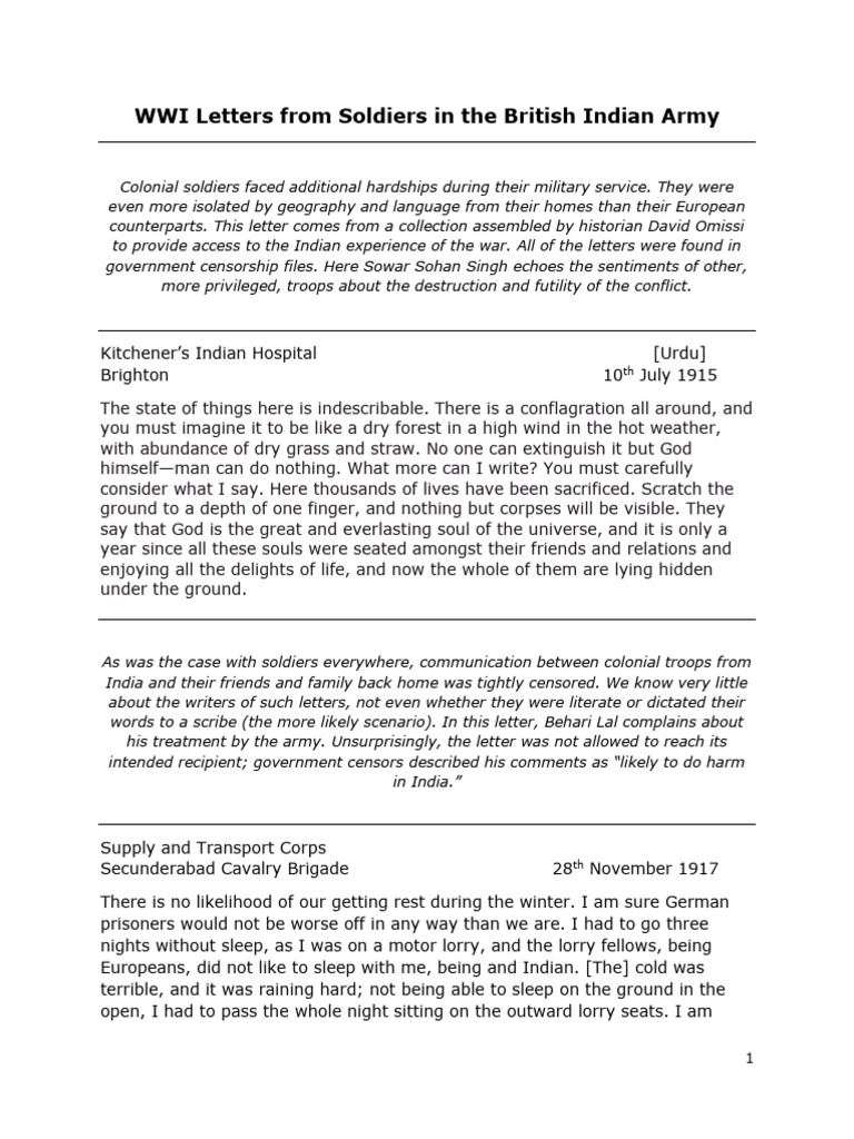 WWI Letters From Soldiers in The British Indian Army | PDF | Military ...