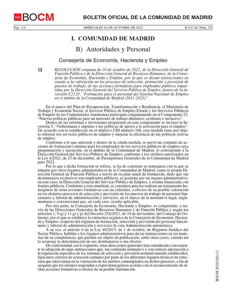 Bocm 20221026 13 | PDF | Empleo | Gestión de recursos humanos