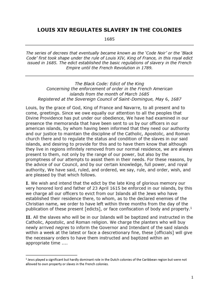 Louis XIV's 1685 Code Noir on Slavery | PDF | Slavery