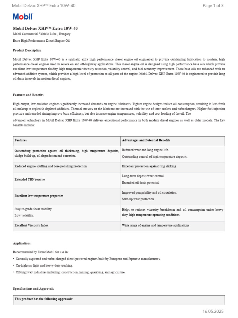 EU XX Mobil Delvac XHP Extra 10W 40 | PDF | Motor Oil | Lubricant