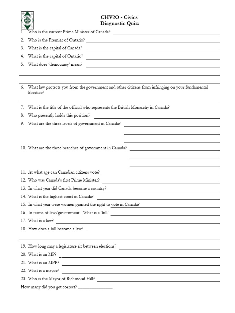 Canadian Civics Diagnostic Quiz | PDF