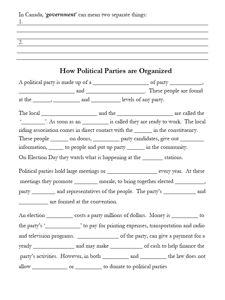 10 Civics - U2-02 - How Political Parties Are Organized Worksheet | PDF ...
