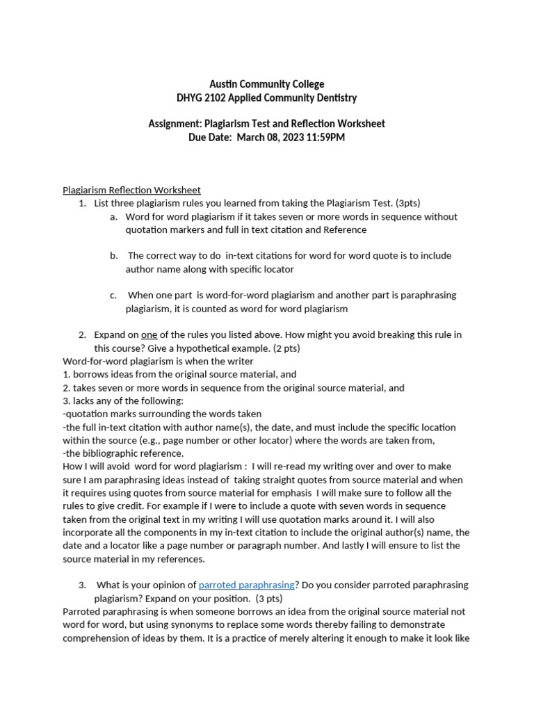 Plagiarism Test Instructions and Reflection Worksheet - Updated 1-18-23 ...