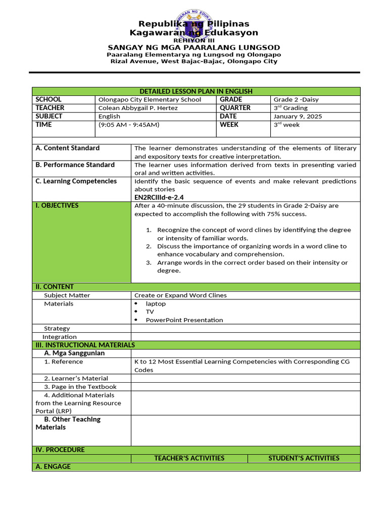 English Grade 2 Lesson Plan Q3 W3 January 9 2025 | PDF | Lesson Plan ...
