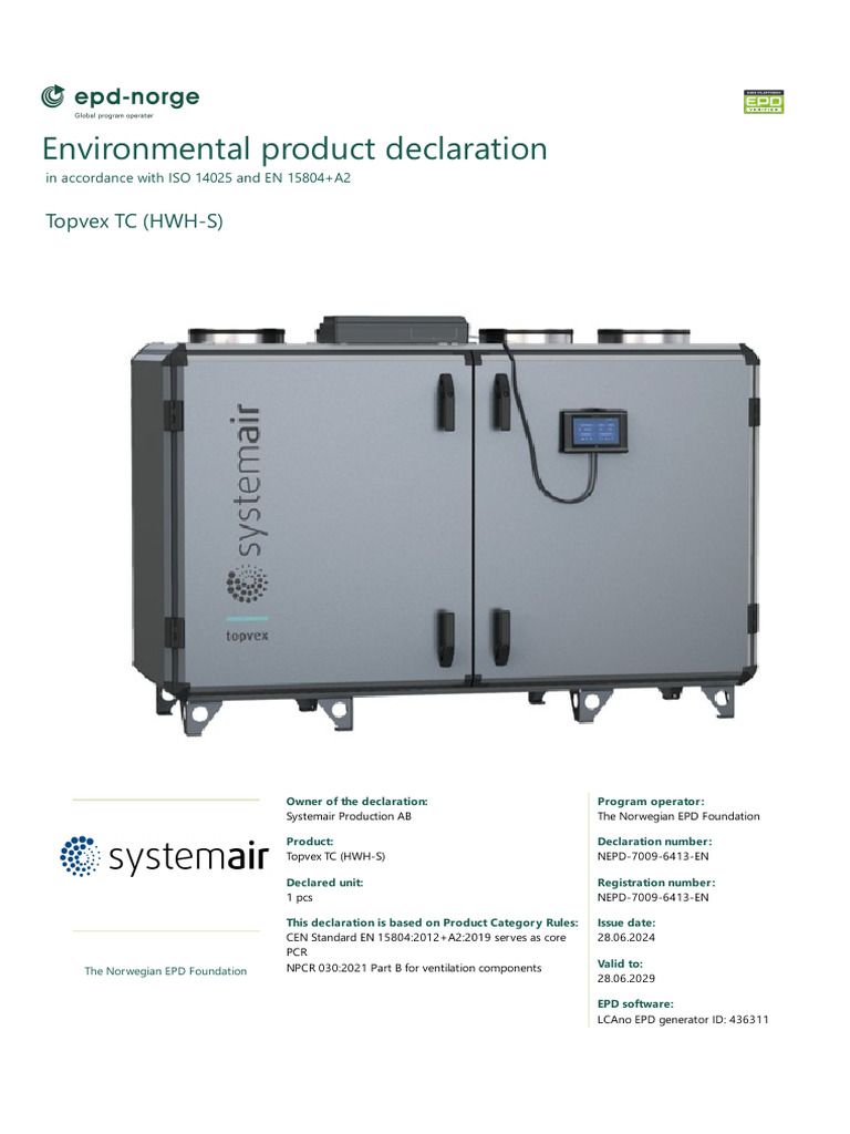 Epd 436311 Systemair Topvex TC Hwh-S | PDF | Plastic | Materials
